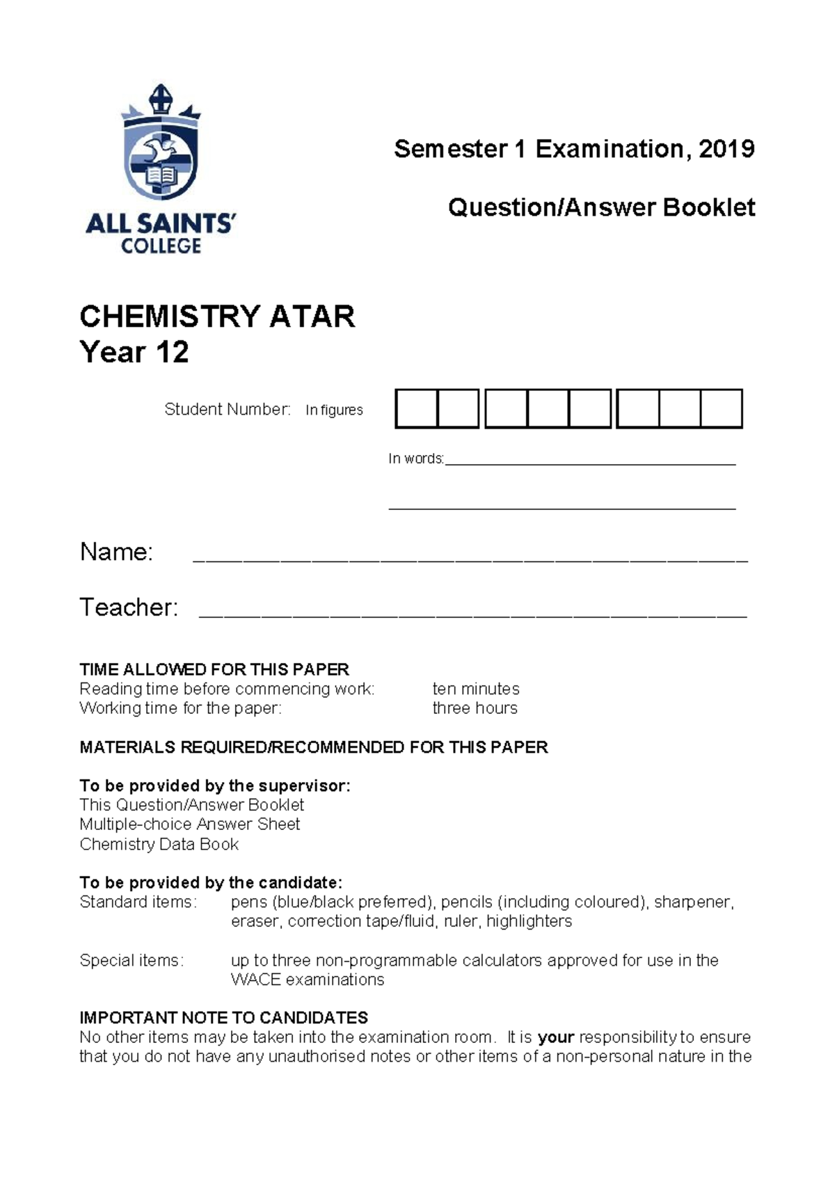Year 12 Chemistry ATAR Semester 1 Exam 2019 Booklet - Studocu