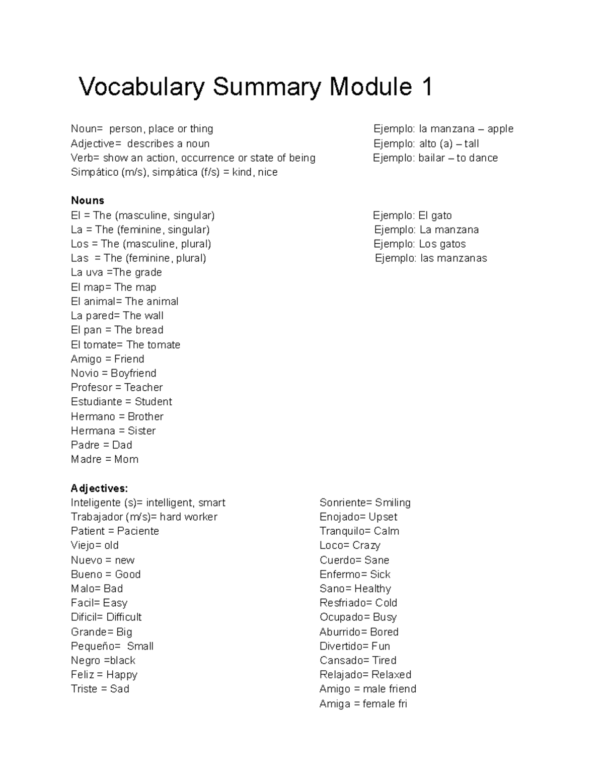 Vocabulary Summary for Spanish Module 1: Nouns, Adjectives, Verbs ...