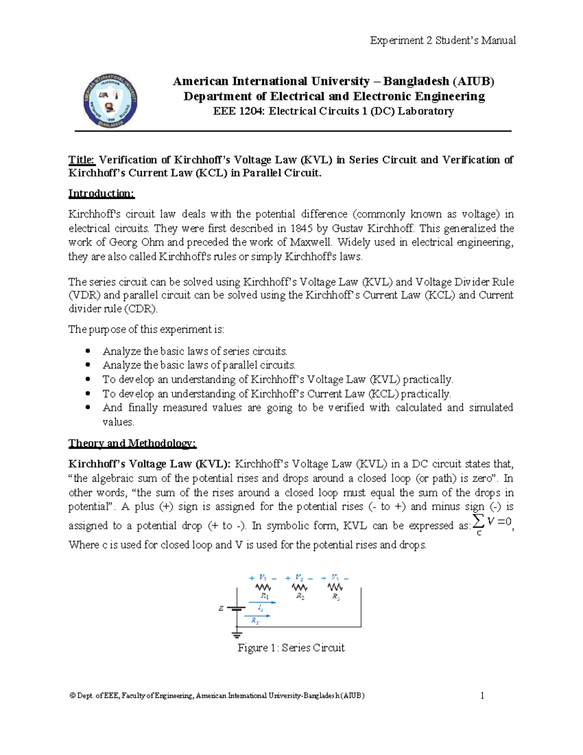 DC Lab Exp 2: KVL & KCL Verification in Series & Parallel Circuits - Studocu