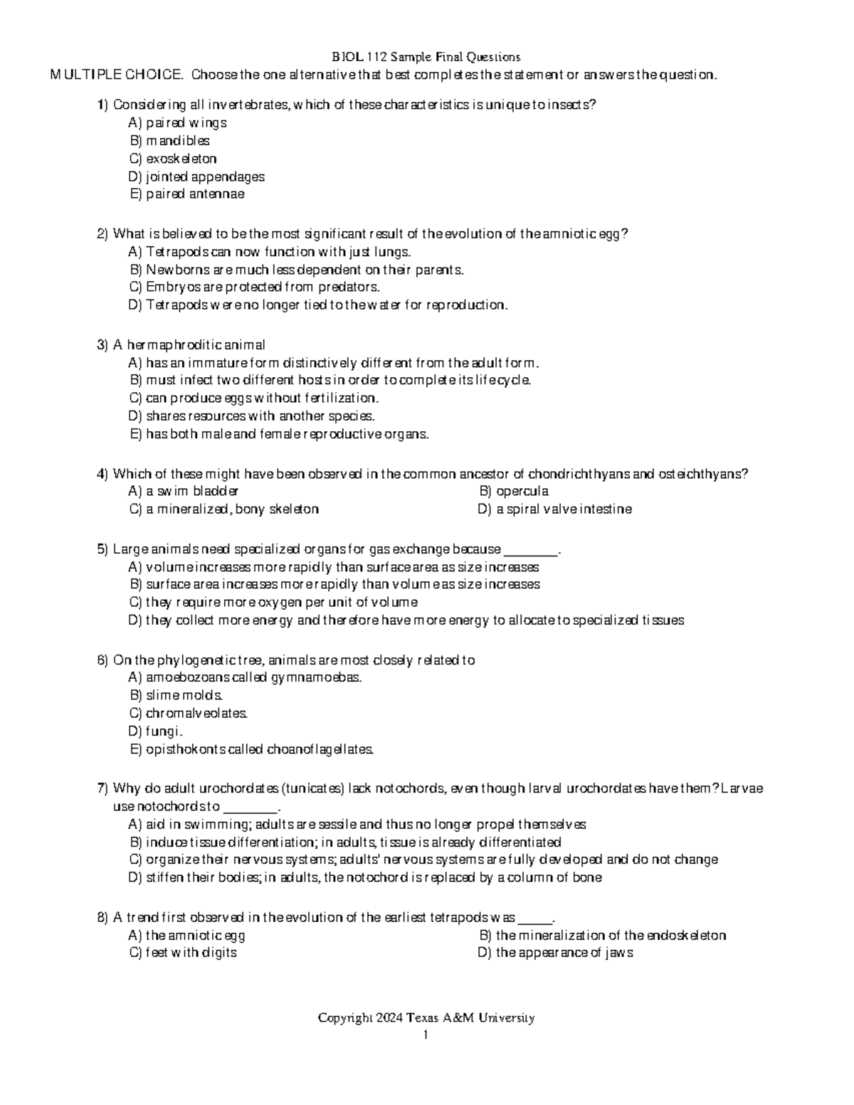 BIOL 112 Sample Final Exam Questions 2024 Spring - Studocu