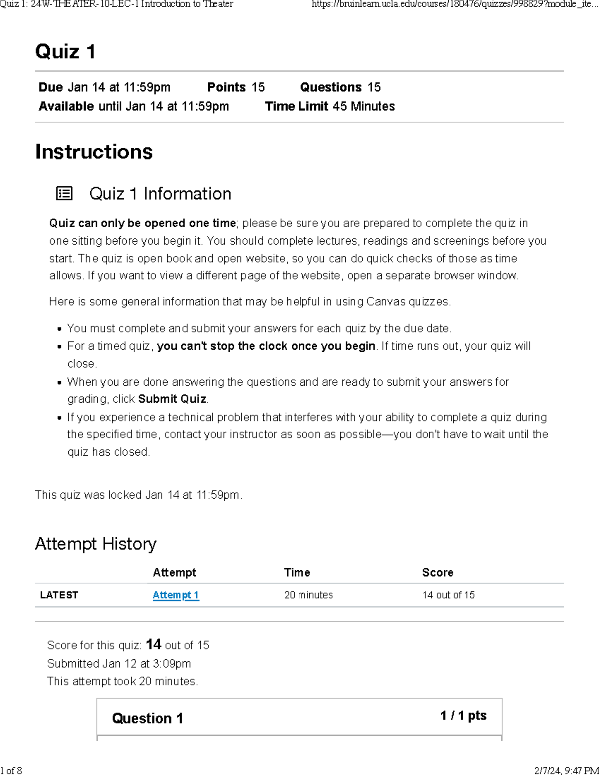 Theater 10 Quiz 1 Review and Instructions for Completion - Studocu