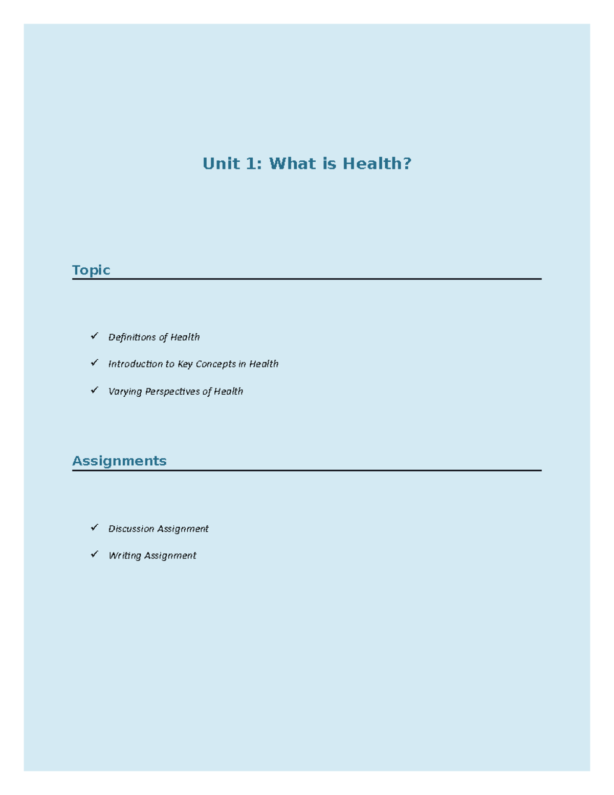 HS 2711 Unit 1 Assignments - Unit 1: What is Health? Topic Definitions ...