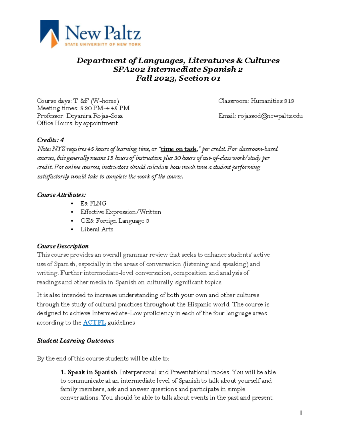 SPA202 Intermediate Spanish 2 Fall 2023 Syllabus and Course Overview ...
