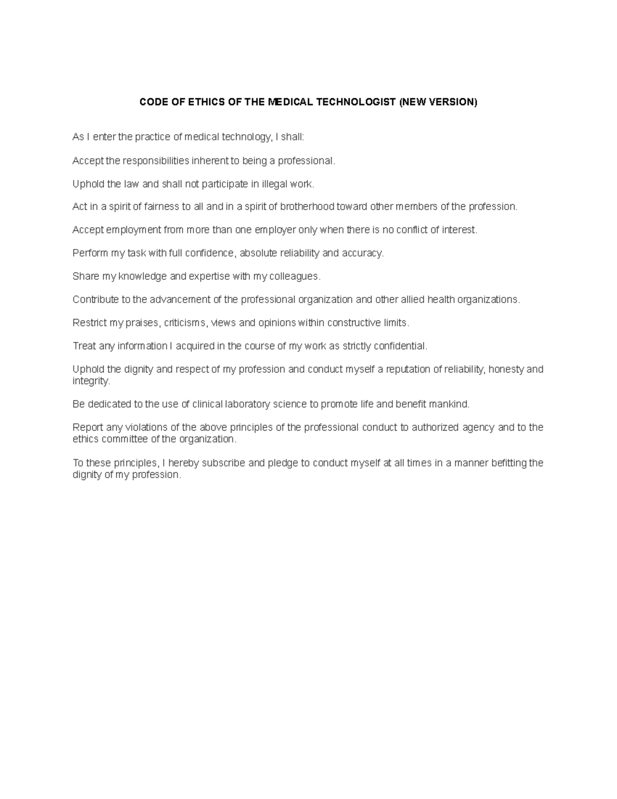 Code of Ethics for Medical Technologists: Professional Standards Guide ...