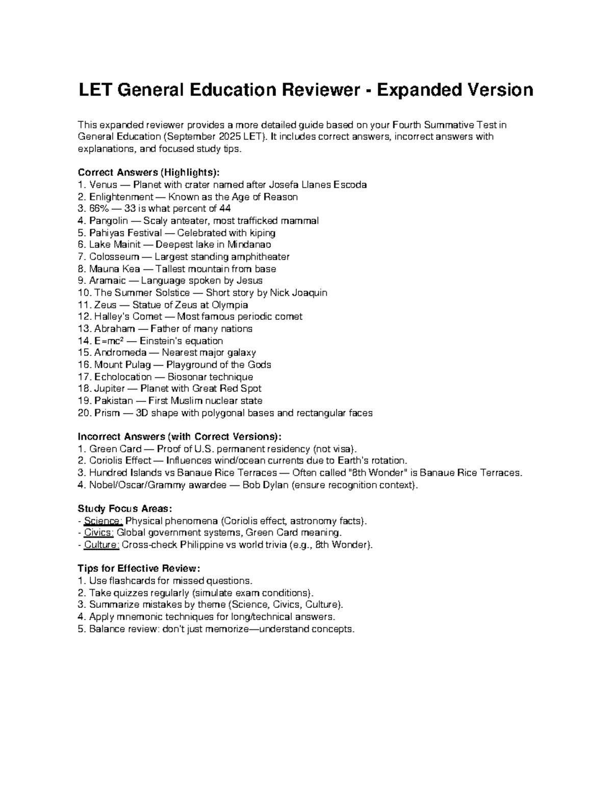 LET Gen Ed Expanded Reviewer for 2025 Fourth Summative Test - Studocu