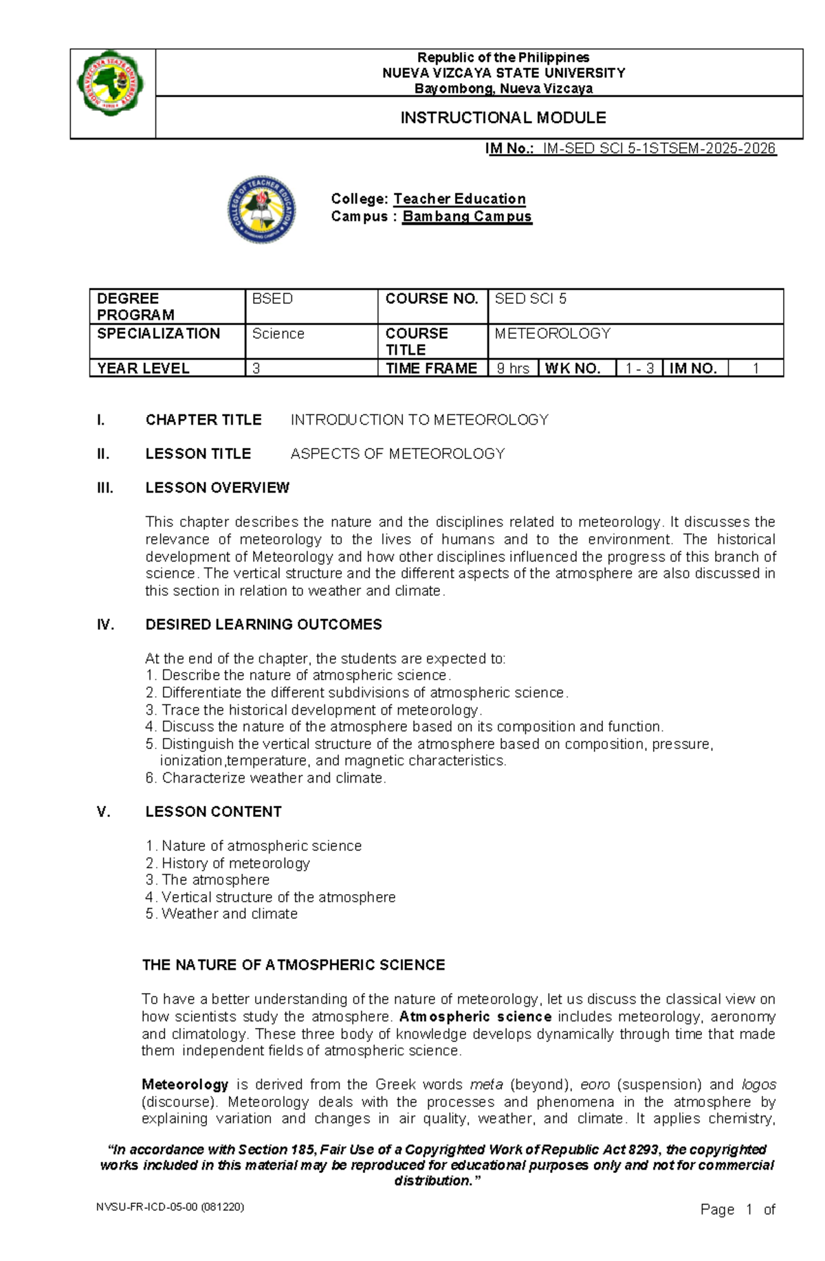 Meteorology Chapter 1 Overview - SCI SED 5 Lesson Notes - Studocu