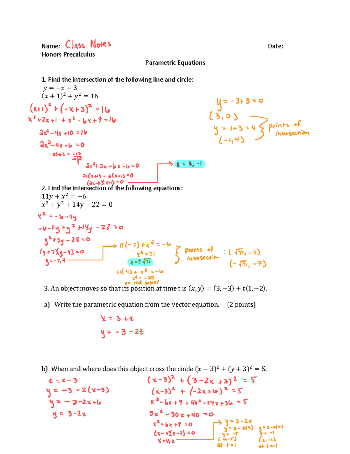 Parametric Equations Class Notes - Honors Precalculus (Day 3) - Studocu