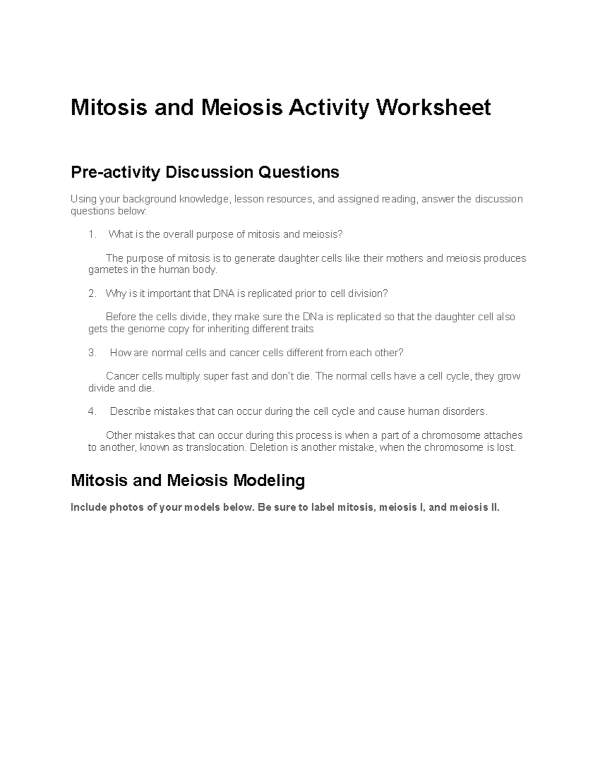 Mitosis and Meiosis Activity Worksheet - Mitosis and Meiosis Activity ...