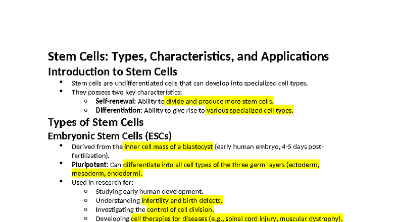 Stem Cells: Types, Characteristics & Applications (CYO) - Studocu