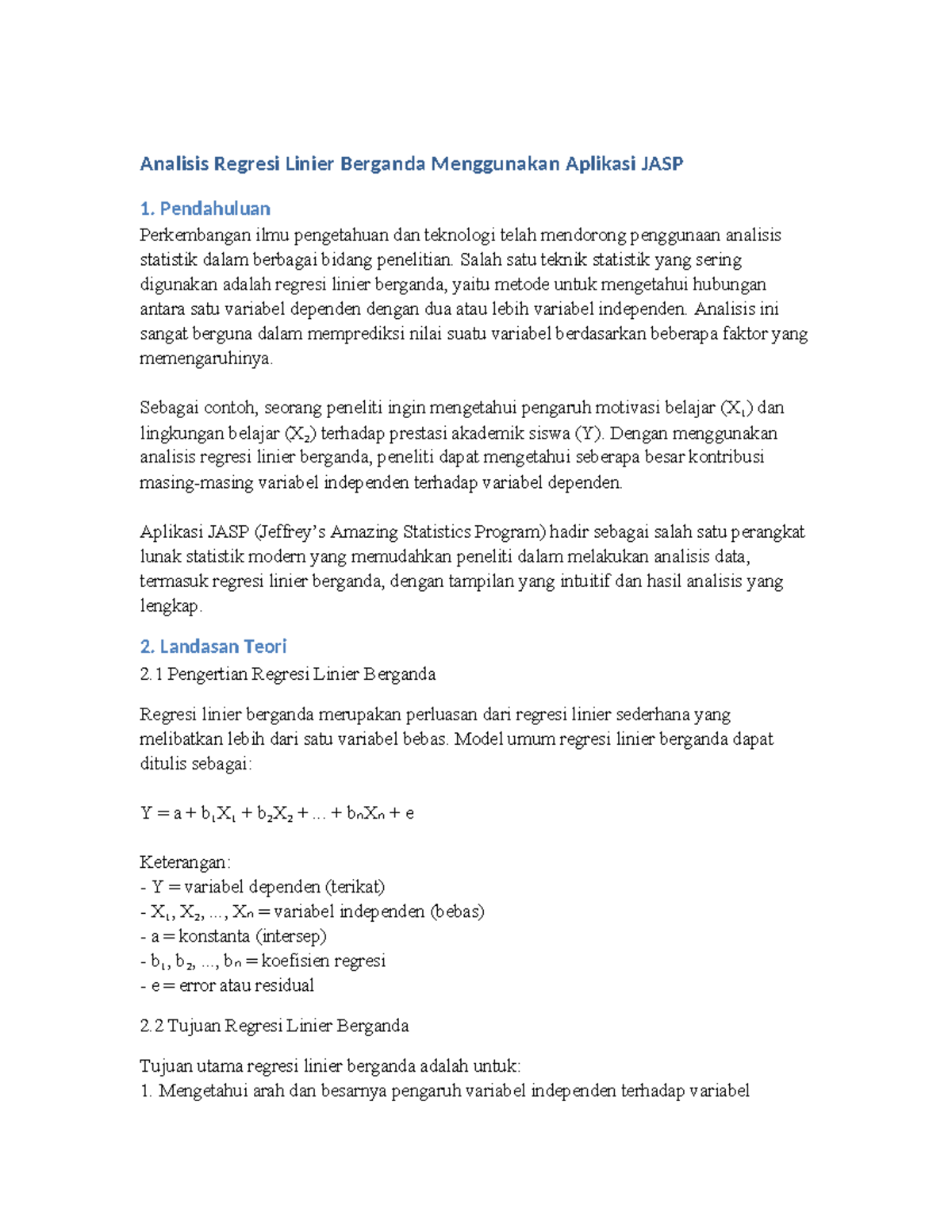 Analisis Regresi Linier Berganda dengan JASP: Panduan Lengkap - Studocu