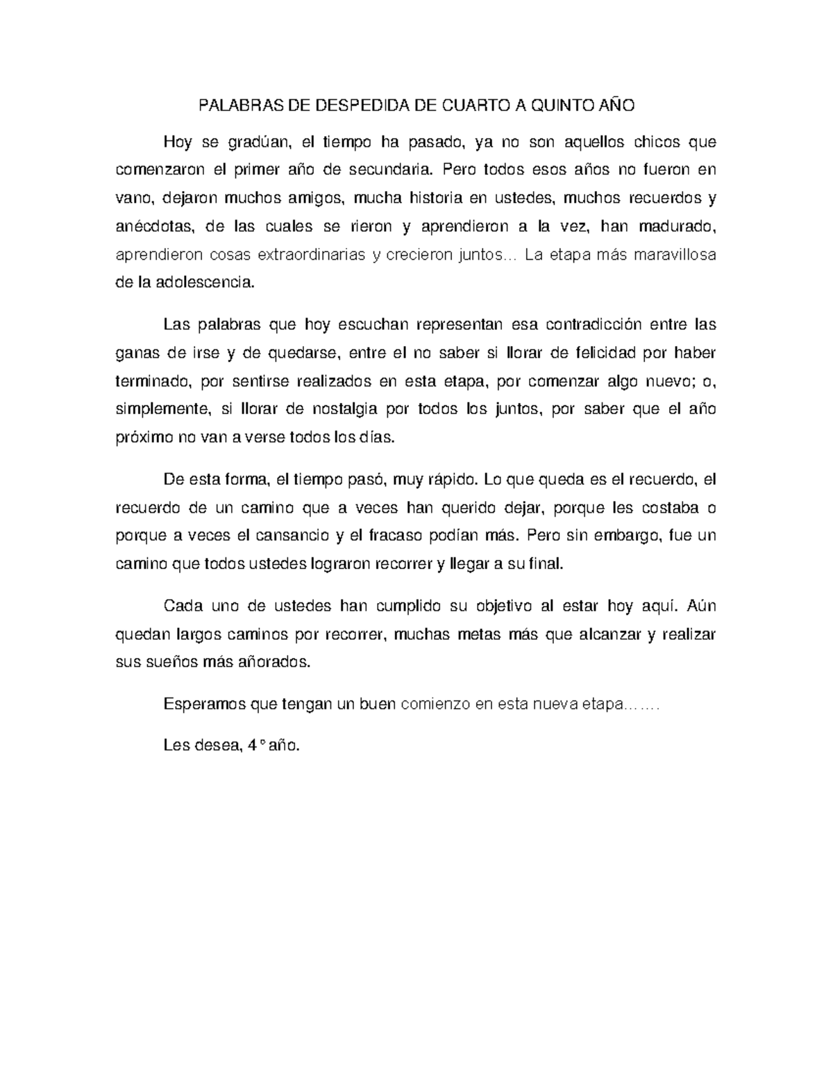 Palabras de Despedida de Cuarto a Quinto Año - Graduación 2023 - Studocu