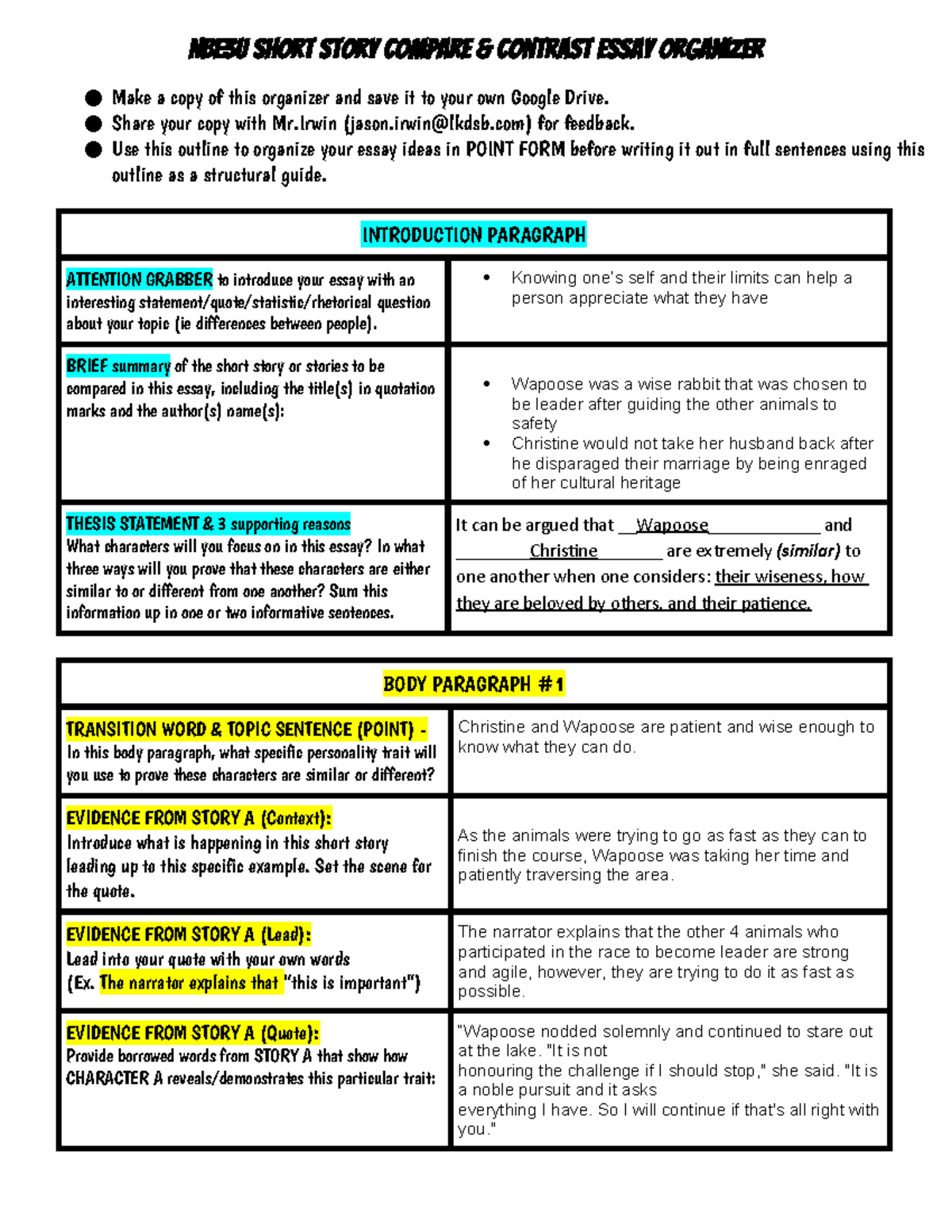 NBE3U Compare & Contrast Essay Organizer for Short Stories - Studocu
