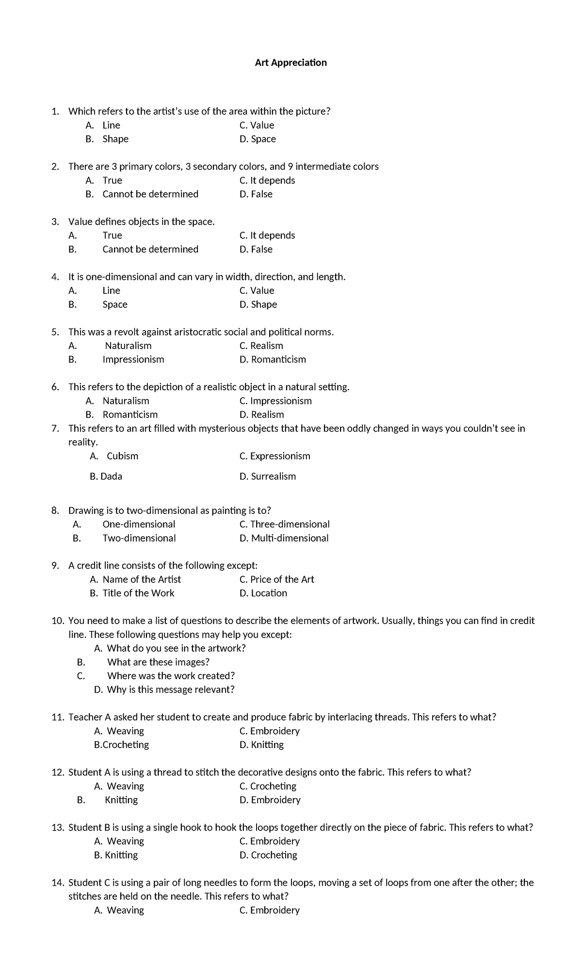Art-Appreciation - Quiz Questions for Exercises and Study - Studocu