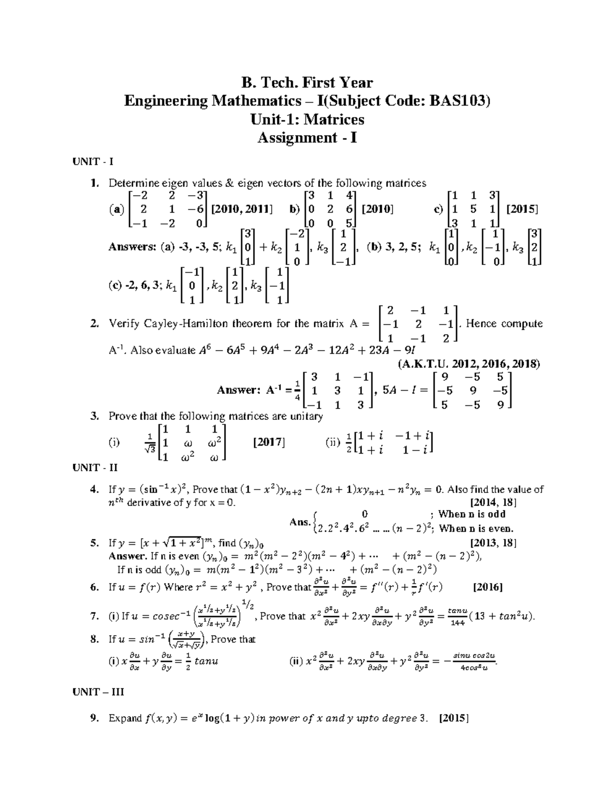 B. Tech. BAS103 Engineering Mathematics I Assignment I: Matrices ...