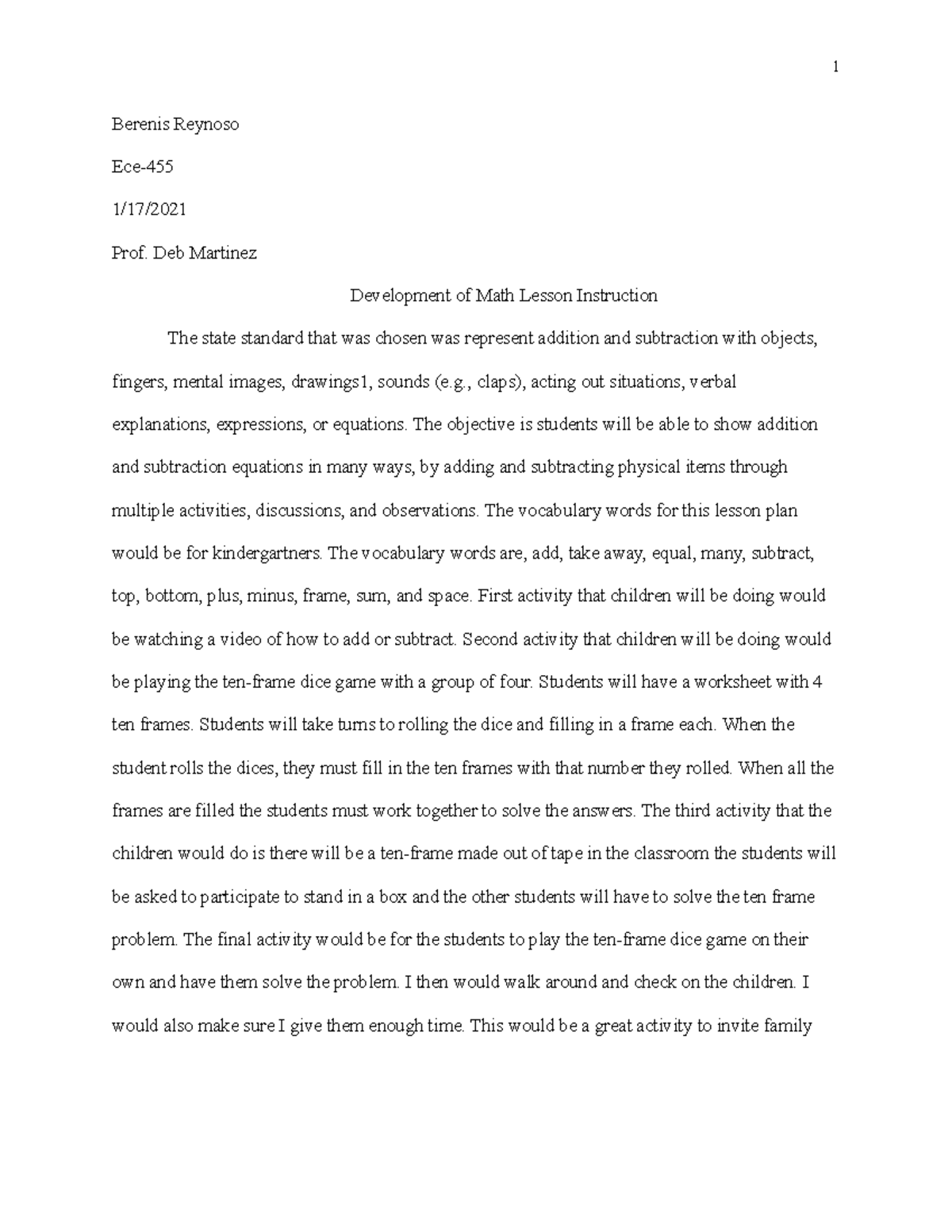 ECE-455 Math Lesson Plan: Engaging Activities for Addition/Subtraction ...