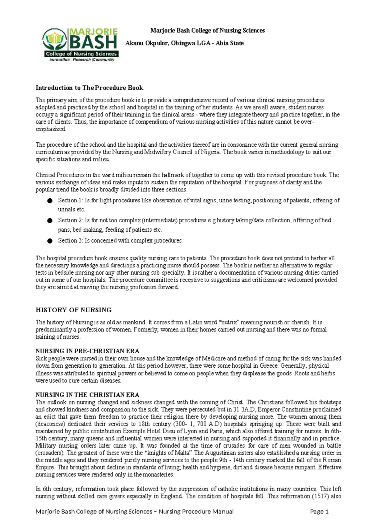Marjorie Bash College of Nursing Sciences Nursing Procedure Manual ...