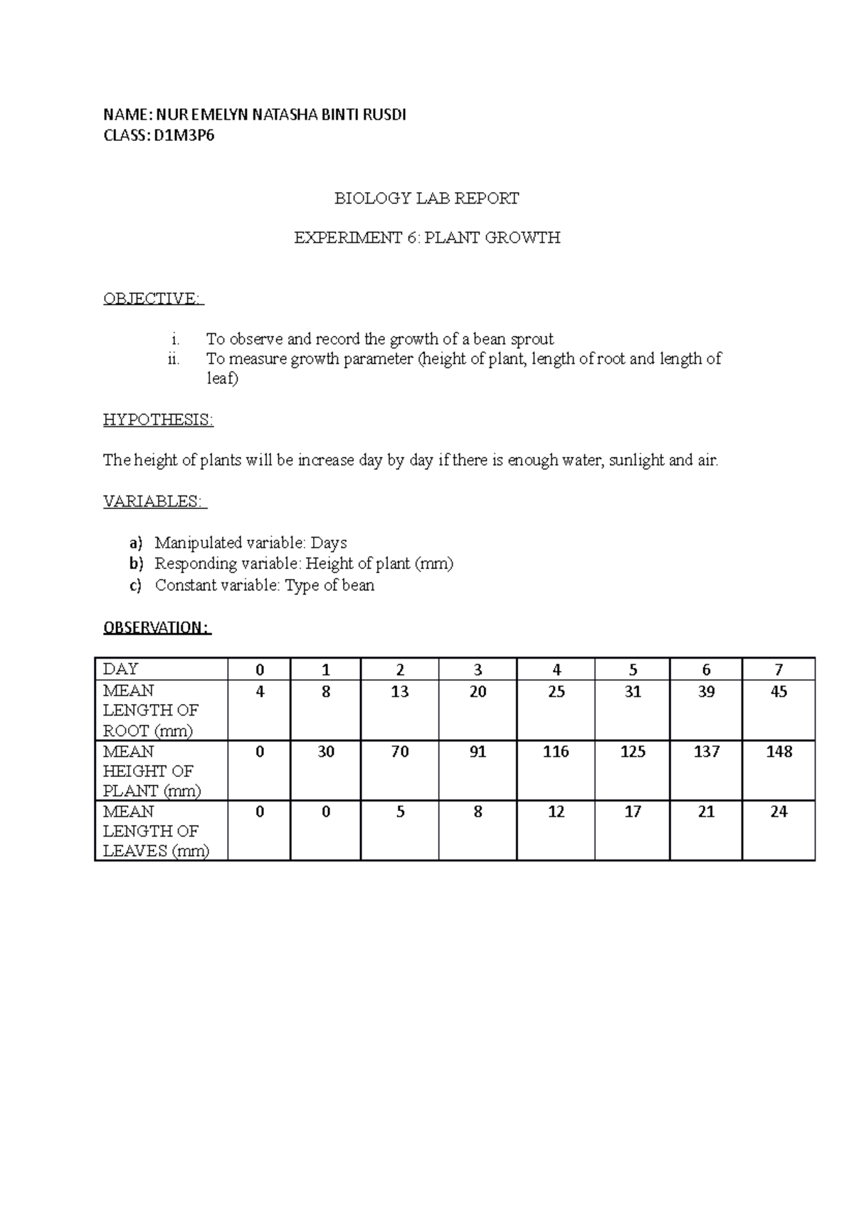 D1M3P Biology Lab Report: Experiment 6 on Plant Growth - Studocu