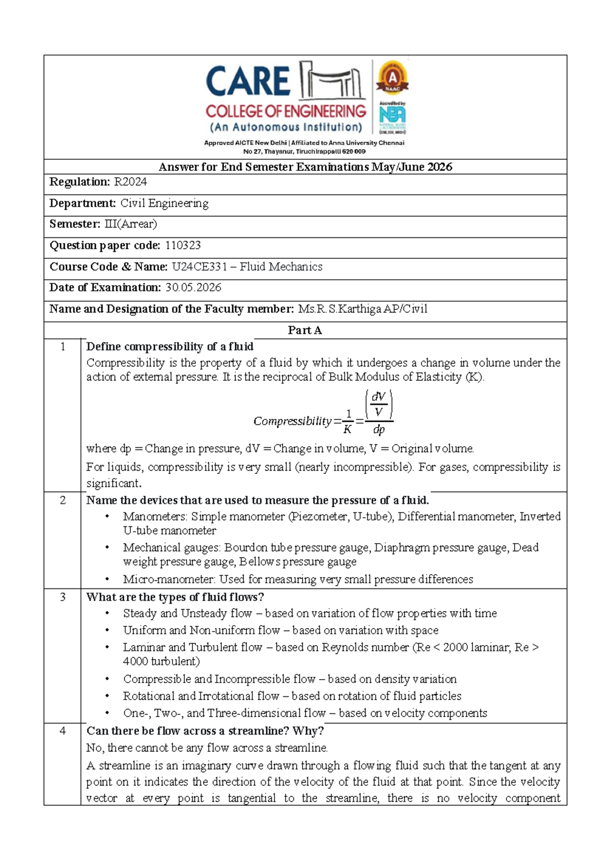 FM U24CE331 2024 End Sem Exam Answer Key for Fluid Mechanics - Studocu