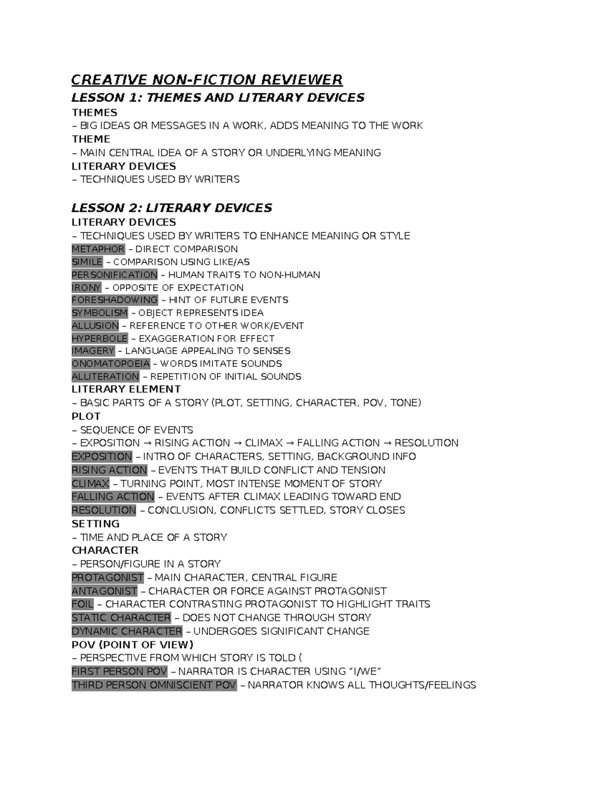 Creative Non-Fiction Reviewer 1: Themes & Literary Devices - Studocu
