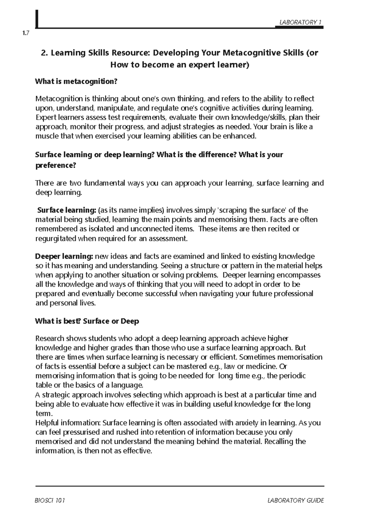 Biosci 101 Laboratory 1: Developing Metacognitive Skills for Learning ...