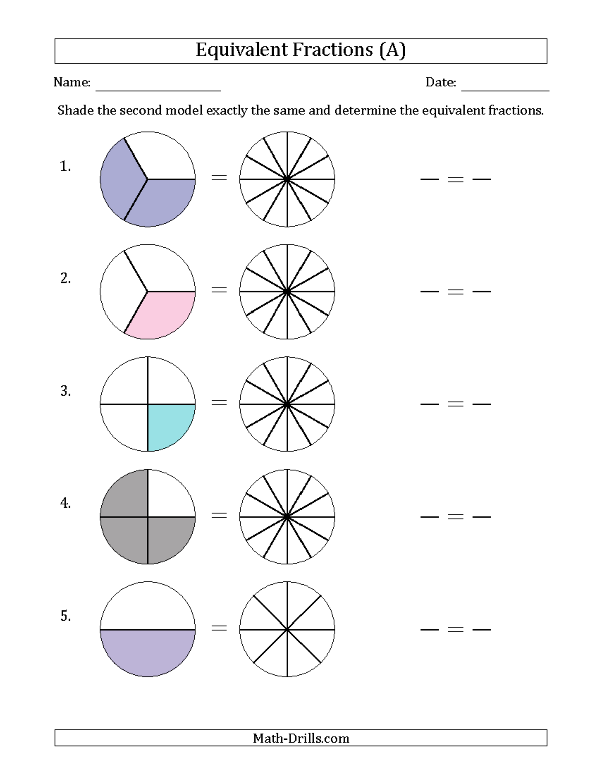 Fractions Worksheet - Equivalent Fractions Models with the Simplified ...