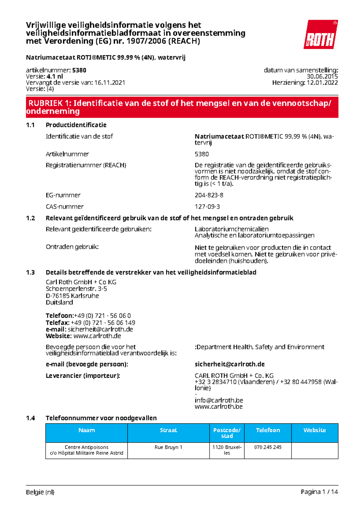 Natriumacetaat Veiligheidsinformatieblad (4N) - Artikel 5380 - Studeersnel