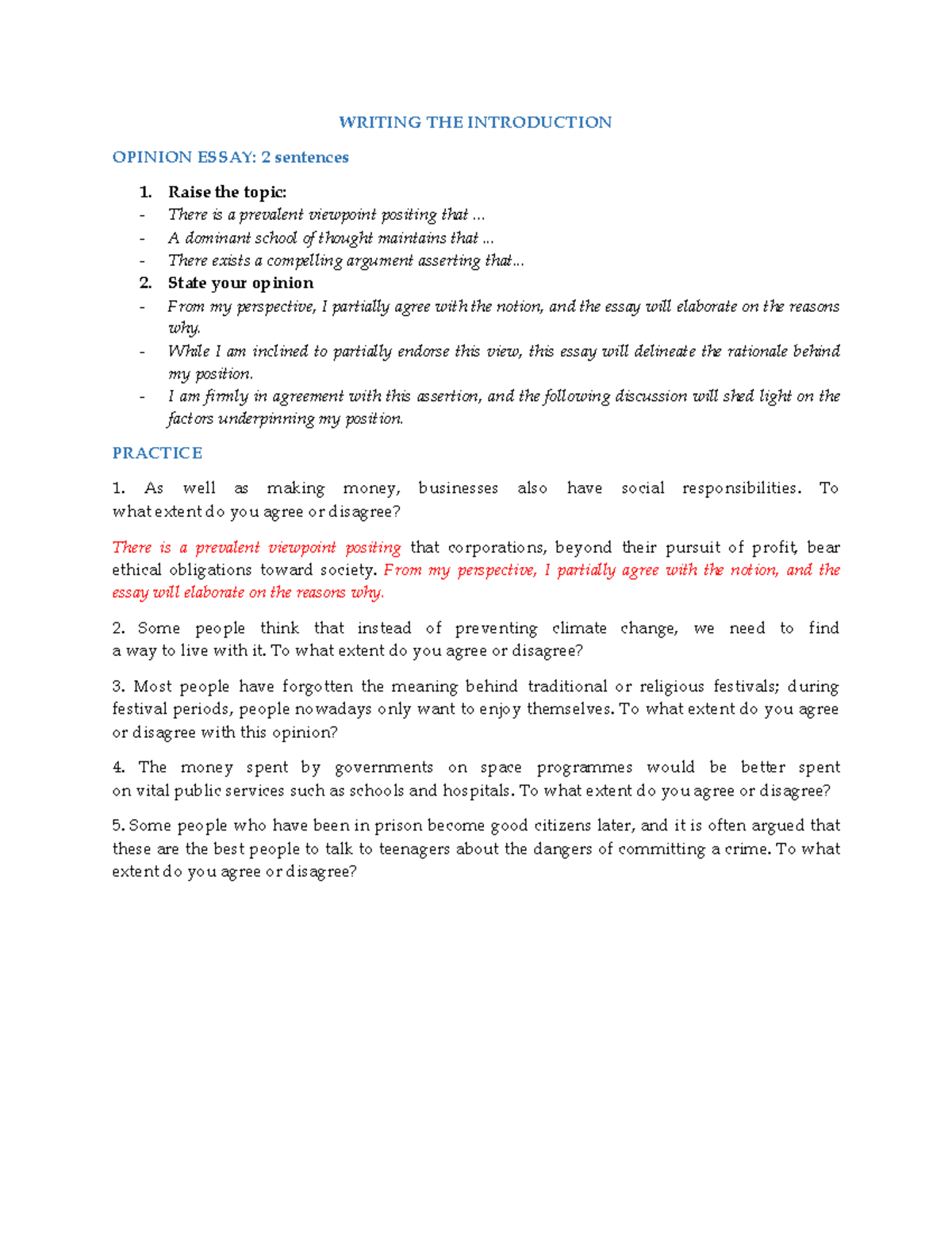 WRITING THE INTRODUCTION TO OPINION ESSAYS: Key Strategies - Studocu