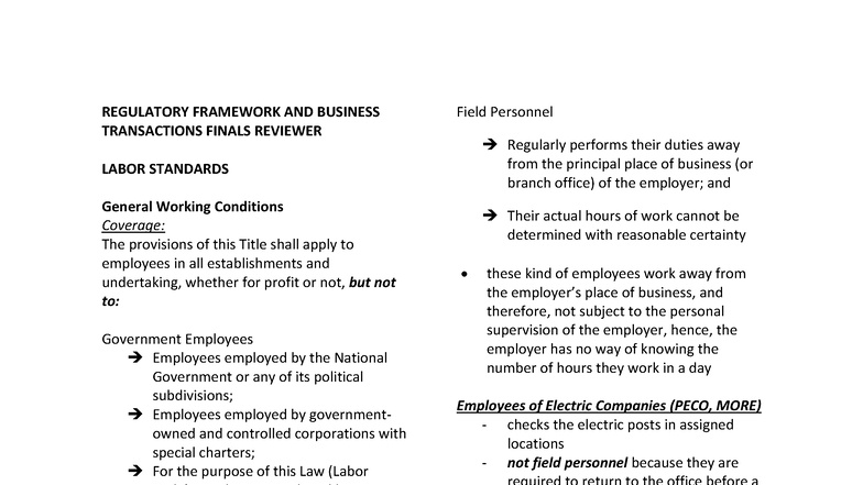 RFBT Labor Standards & Regulatory Framework Finals Reviewer - Studocu