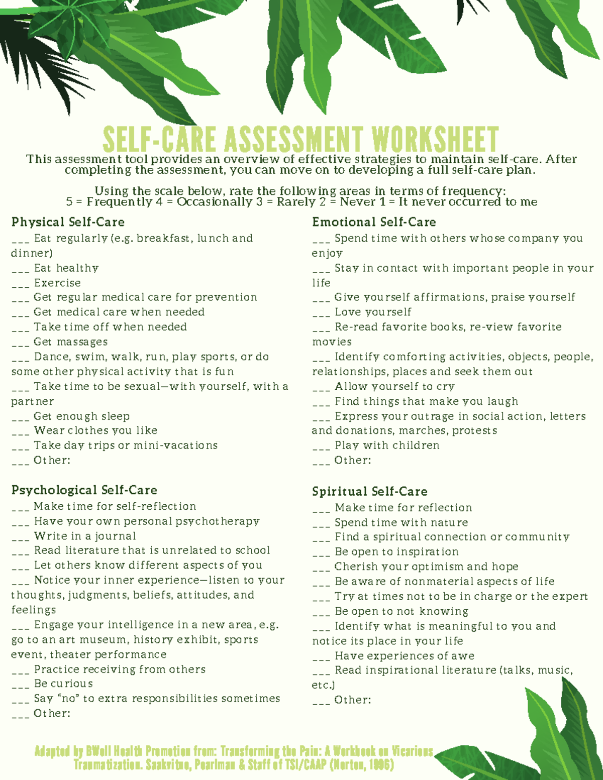 Fillable self-care worksheet - SELF-CARE ASSESSMENT WORKSHEET This ...