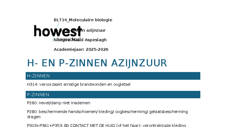 H&P zinnen azijnzuur - BLT14_Moleculaire biologie H- en P-zinnen ...