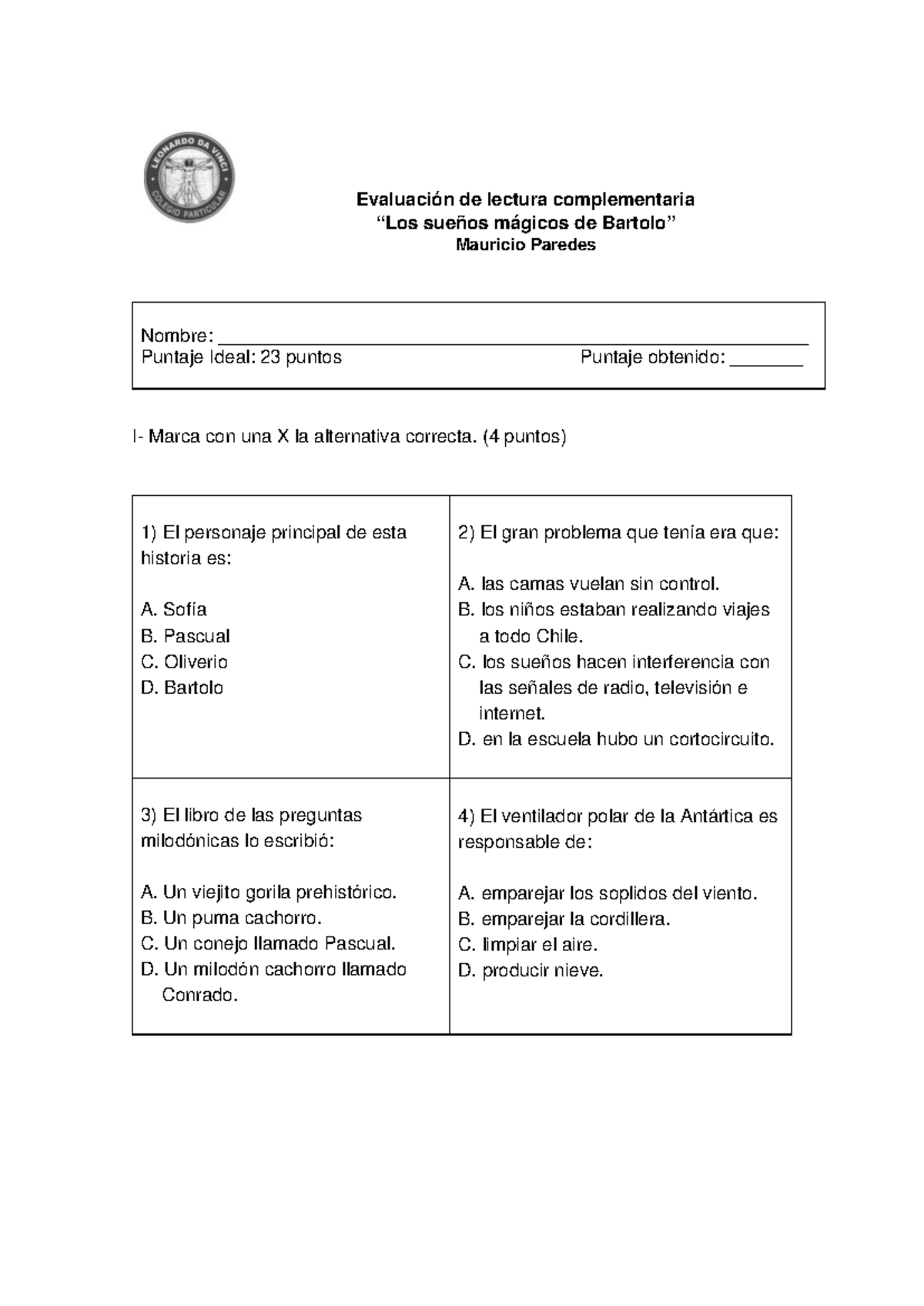 18NB3 LEN - Evaluación de Lectura: "Los sueños mágicos de Bartolo ...