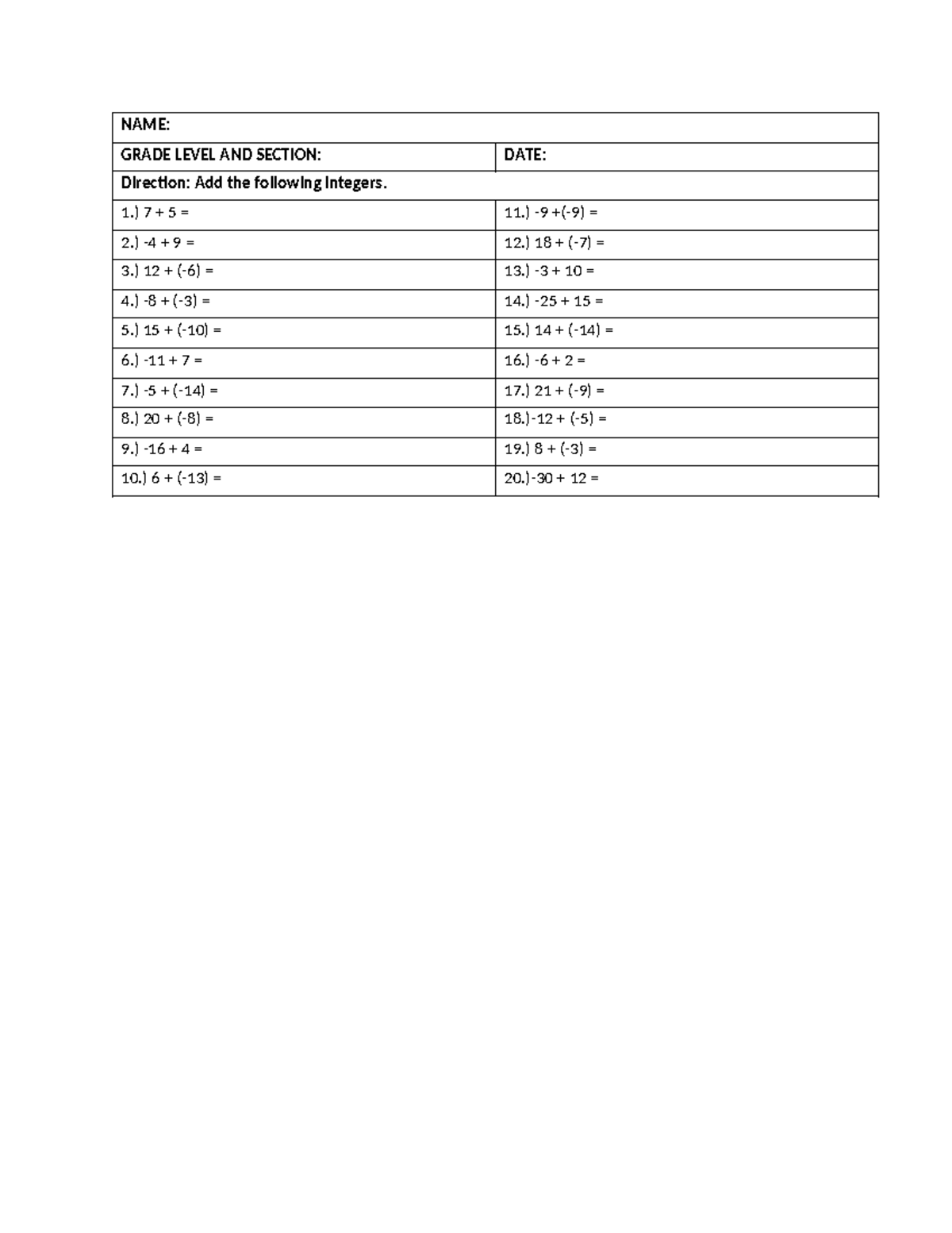Adding Integers - Mathematics 7 - NAME: GRADE LEVEL AND SECTION: DATE ...