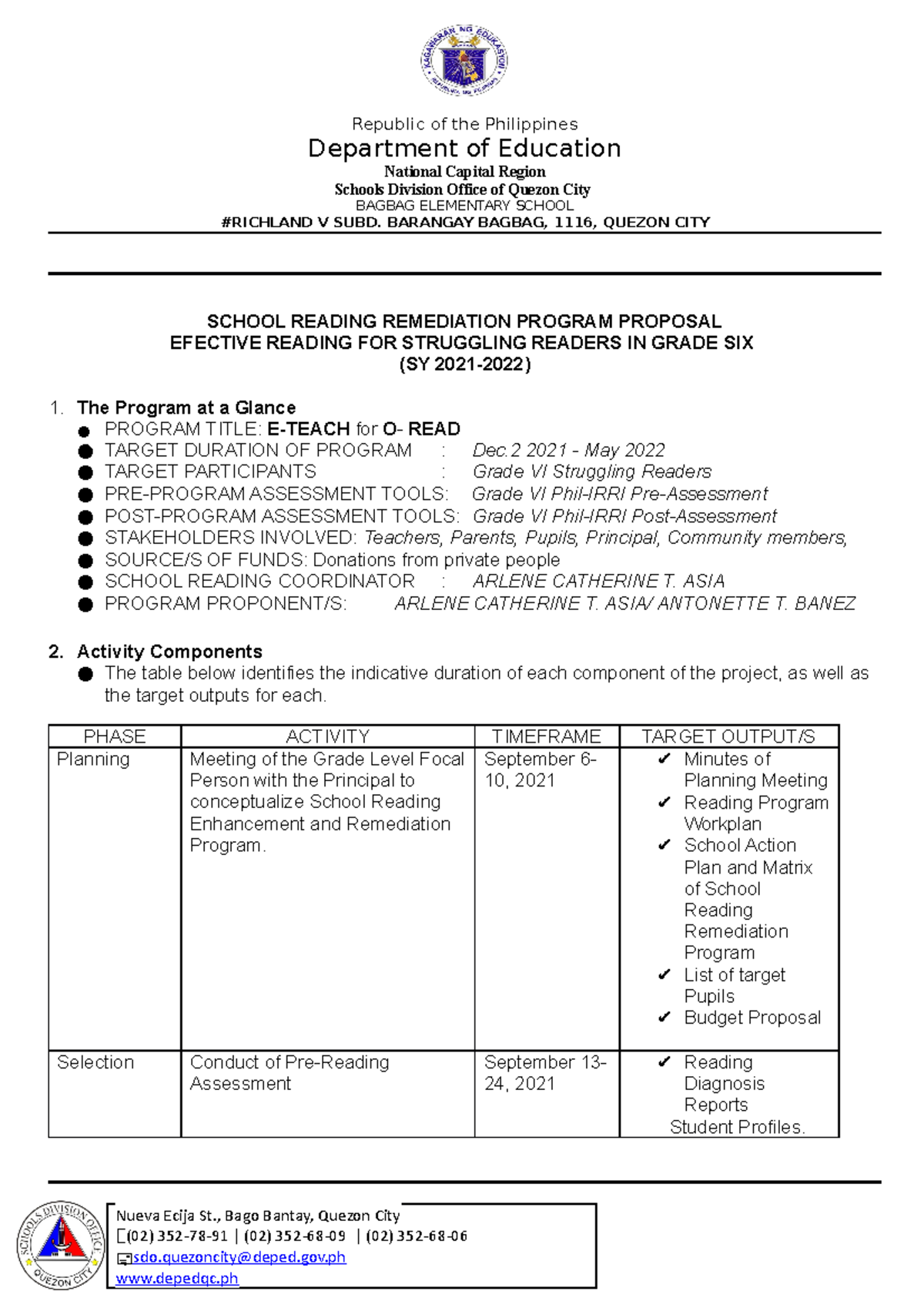 Grade 6 Reading Remediation Program Proposal (SY 2021-2022) - Studocu