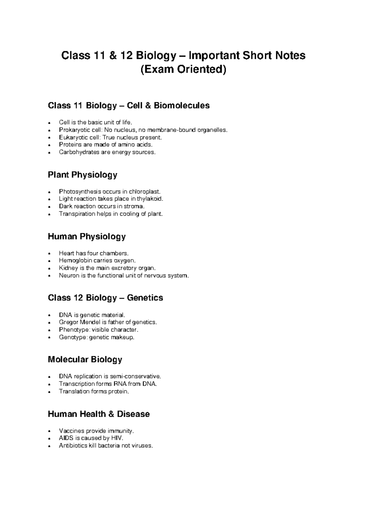 Class 11 & 12 Biology Exam-Oriented Short Notes - Studocu