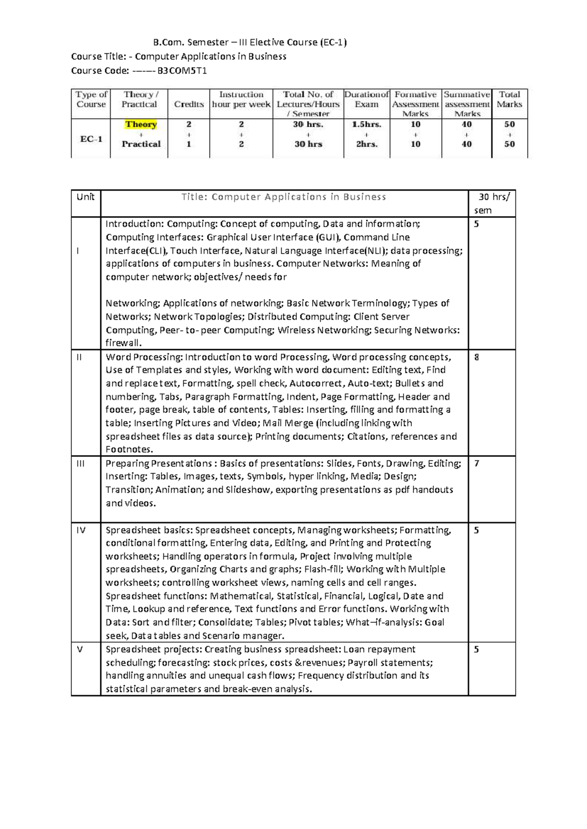 B.Com. B3COM5T1 Computer Applications in Business Syllabus - Studocu
