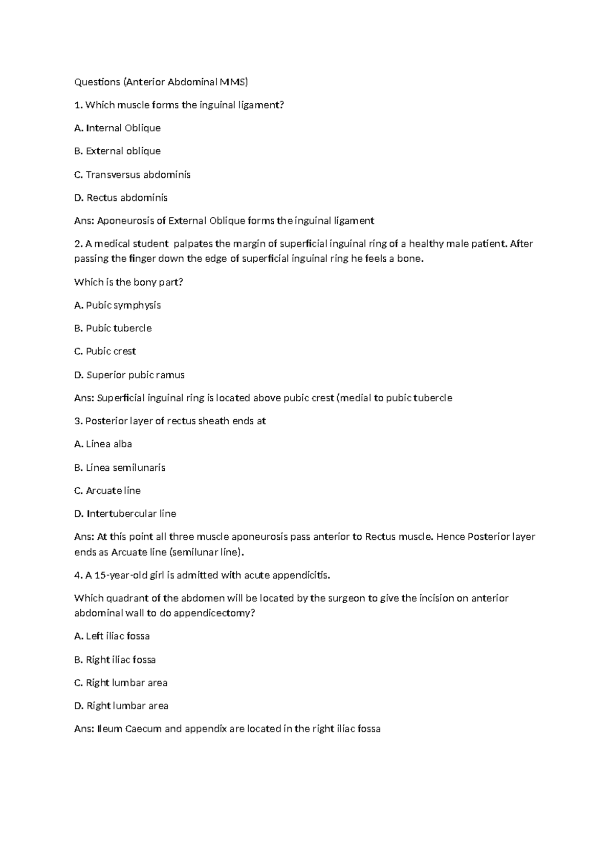 Questions and Anawers Anterior Abdominal Wall MMS - Questions (Anterior ...