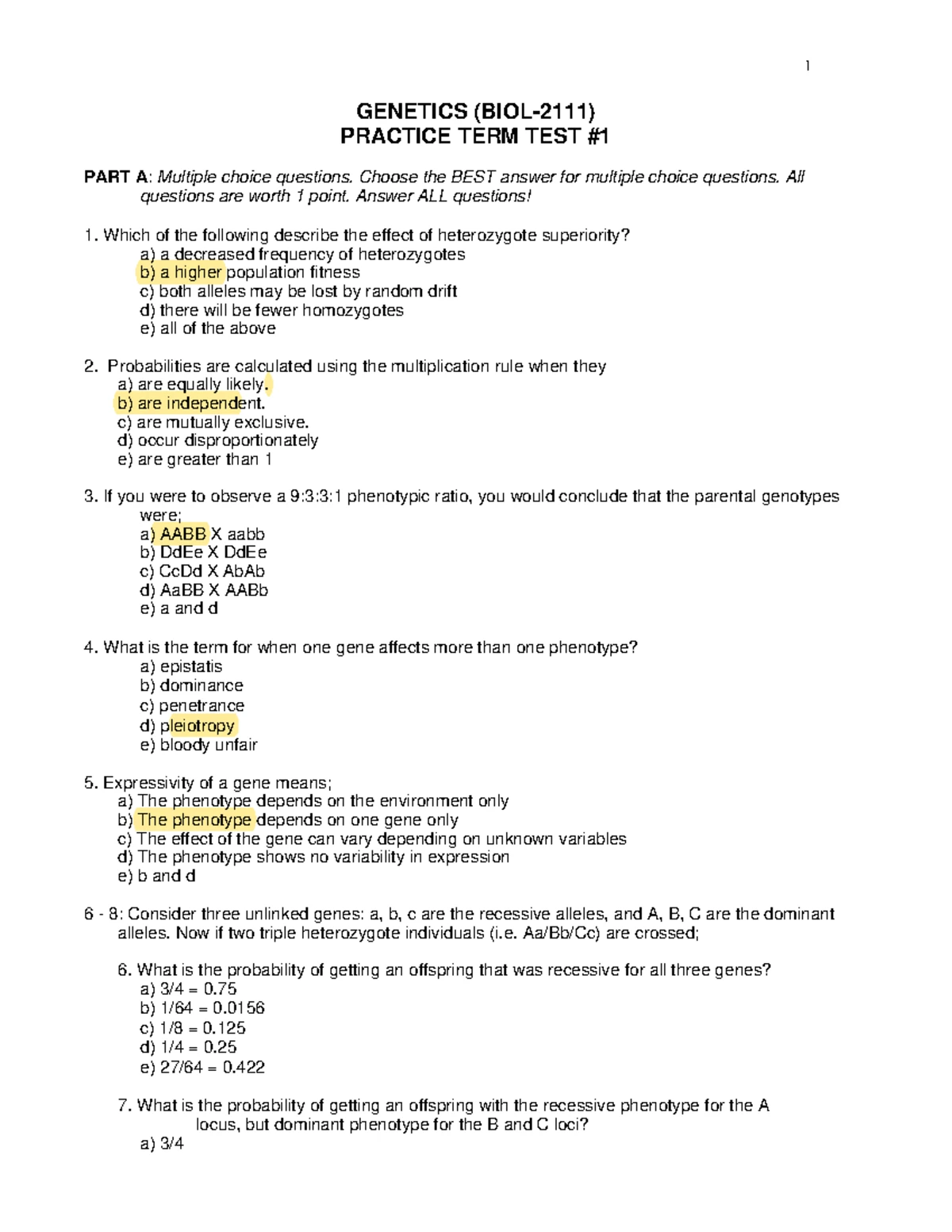 Module 1 Practice Questions Answer Key: Genetics Overview - Studocu