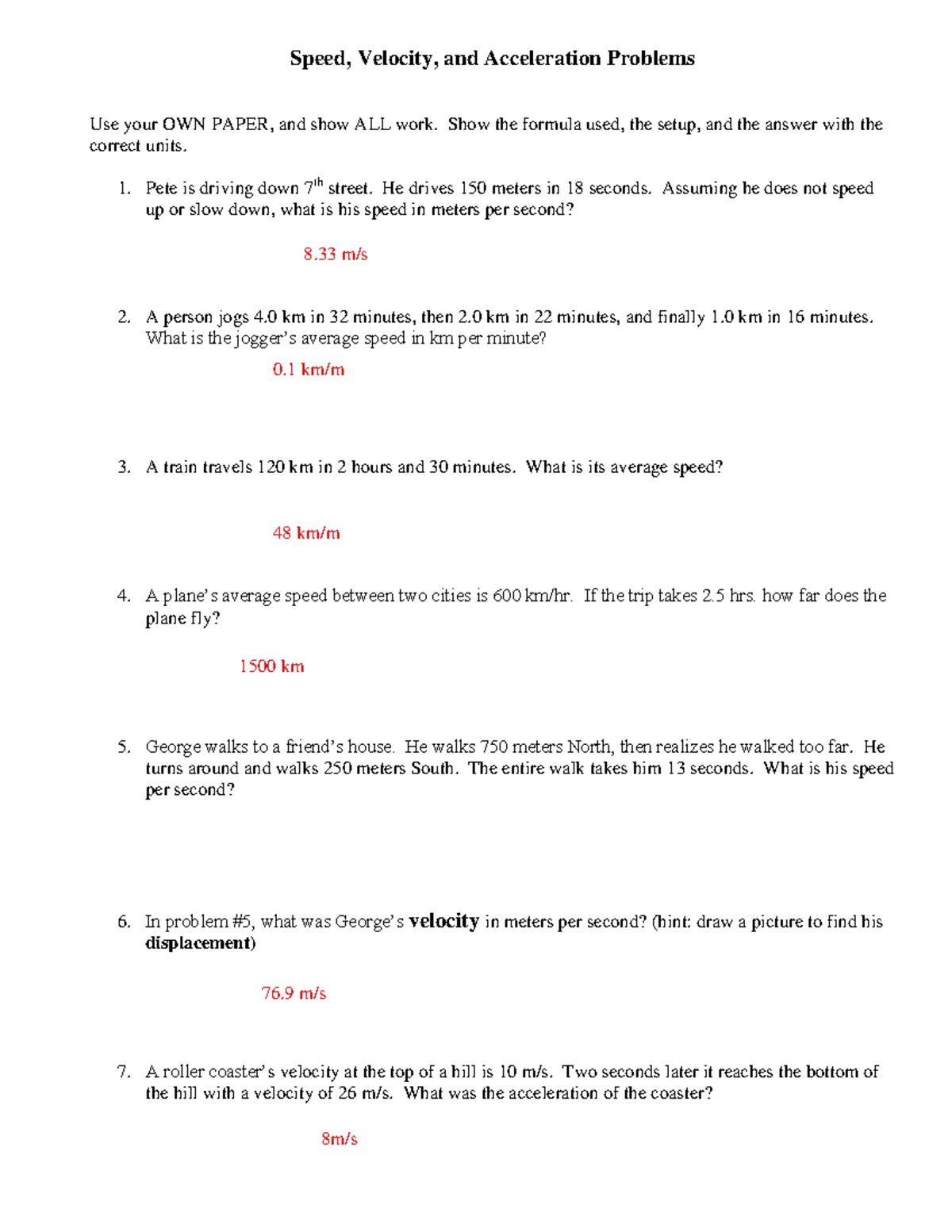 Speed, Velocity, and Acceleration Problems - Practice Exercises - Studocu