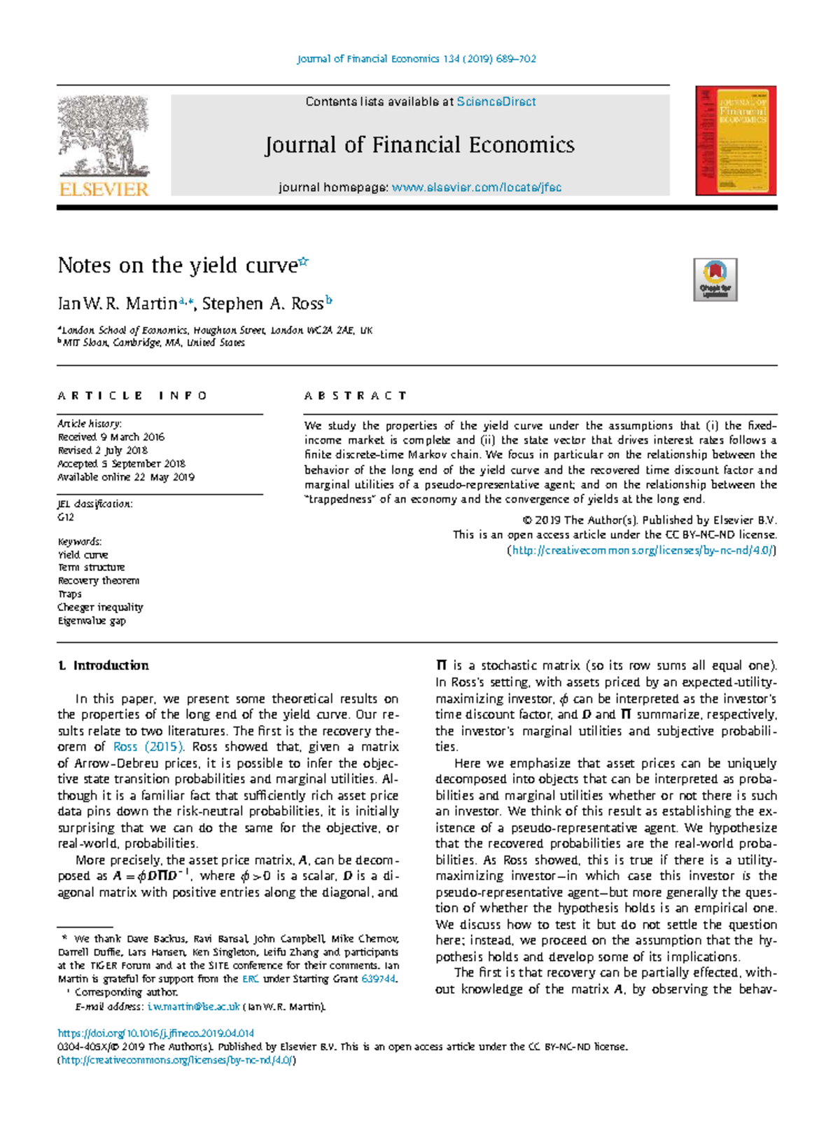 Notes on the Yield Curve: Insights from Financial Economics 134 (2019 ...