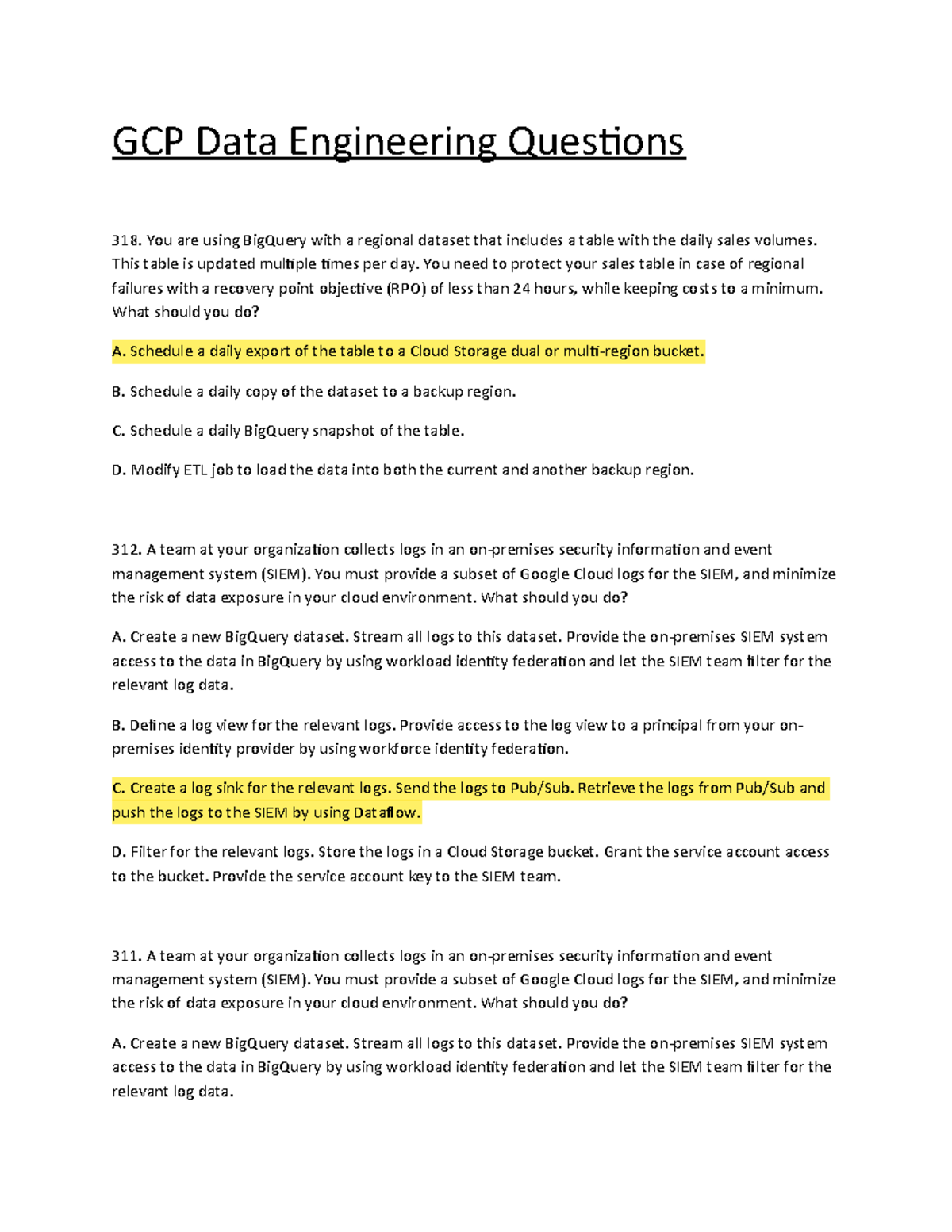 GCP PDE Questions: Data Engineering Scenarios and Solutions - Studocu