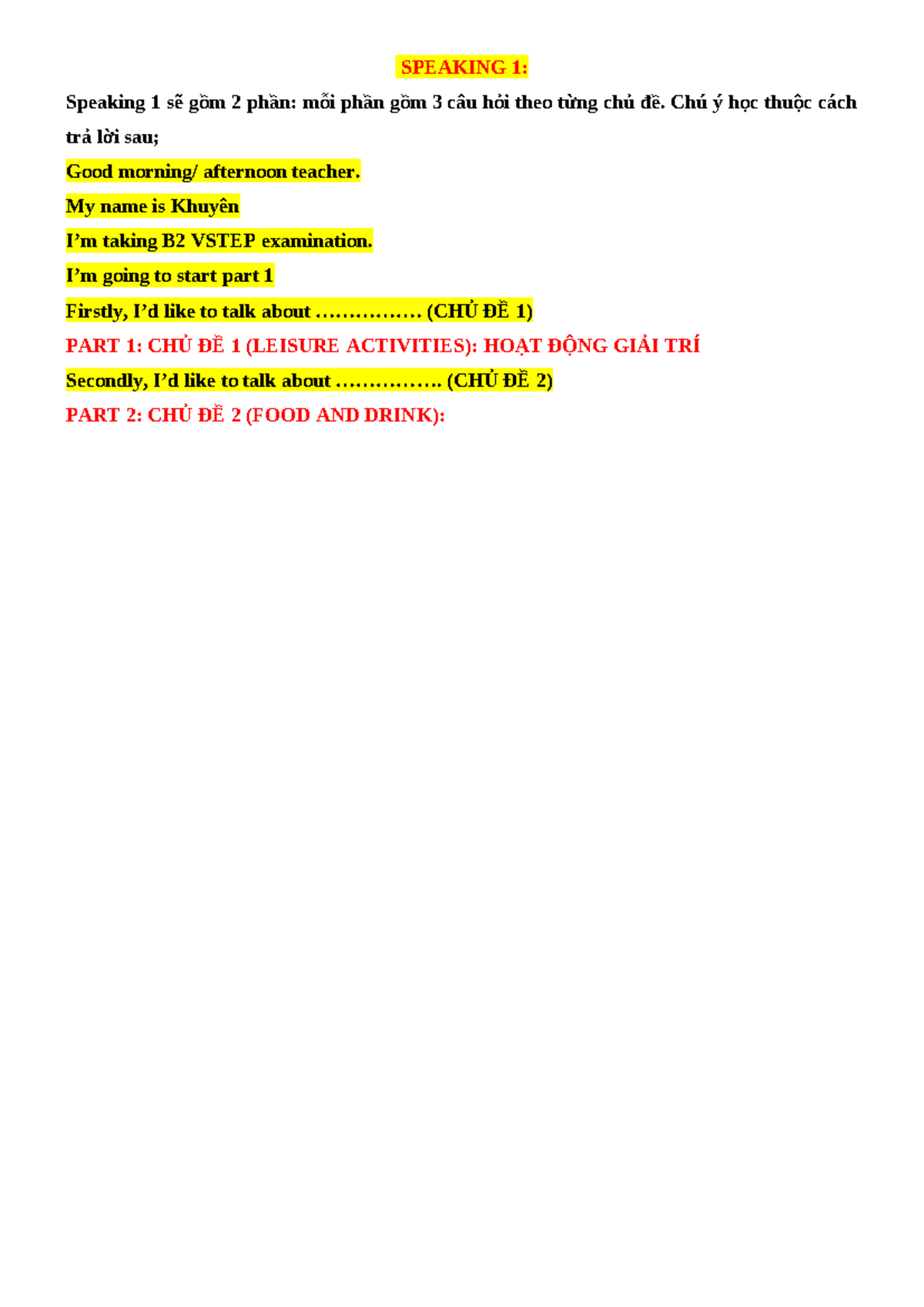 SPEAKING 1 & WRITING 1: B2 VSTEP Exam Preparation Guide - Studocu