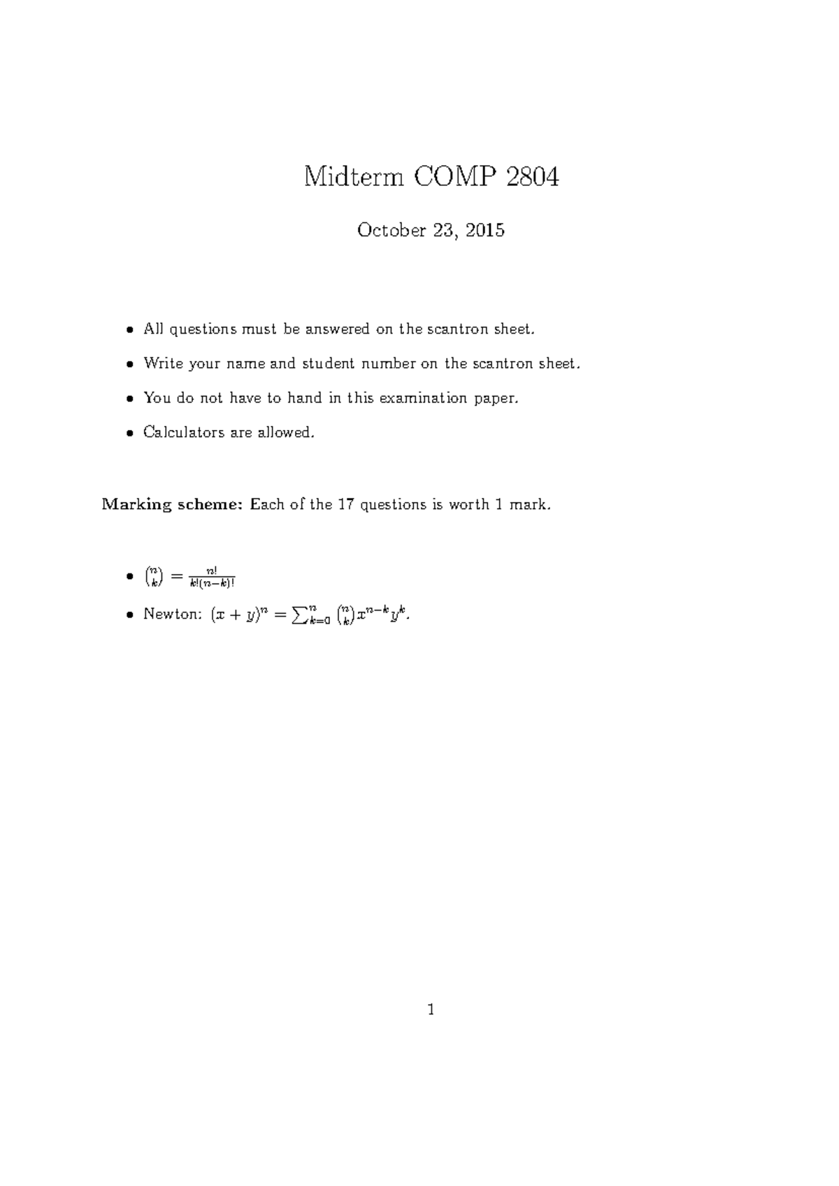COMP 2804 Midterm Exam Study Guide - Fall 2015 - Studocu
