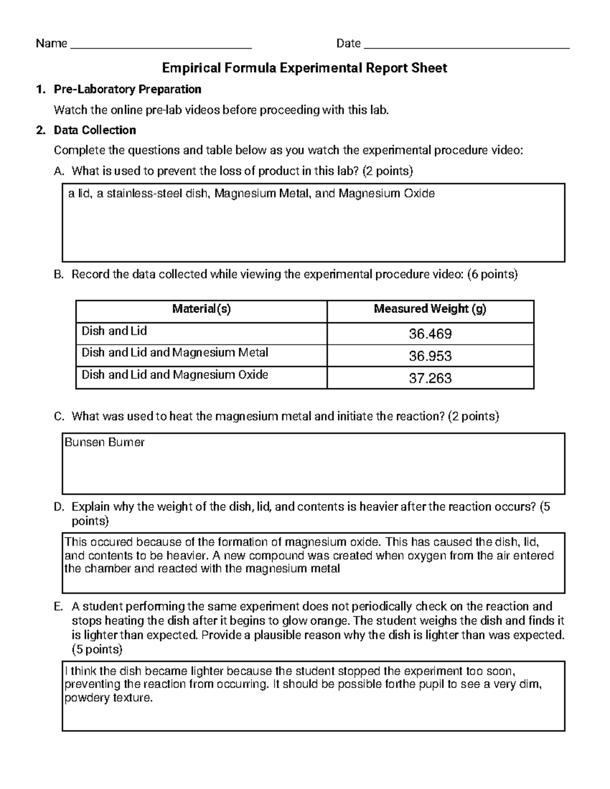 Empirical Formula Lab Report for Chemistry 101 Experiment - Studocu