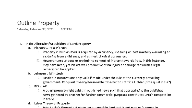 Outline of Property Law Concepts for Course LAW 101 - Studocu