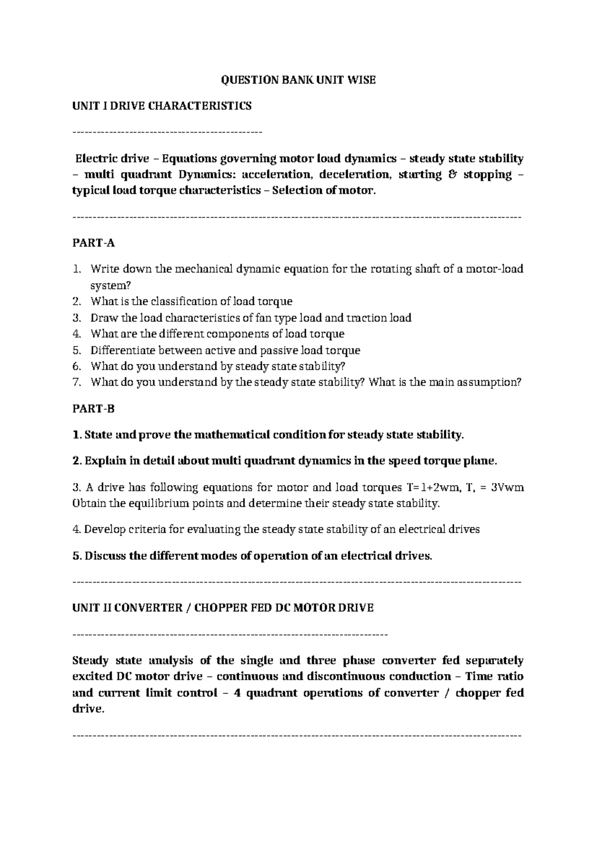 UNIT WISE QUESTION BANK: DRIVE CHARACTERISTICS & CONTROLLER DESIGN ...