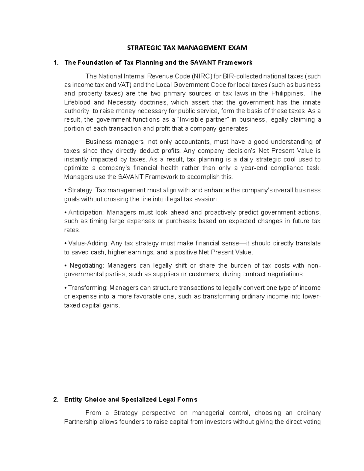STRATEGIC TAX MANAGEMENT EXAM 1: Key Concepts & SAVANT Framework - Studocu