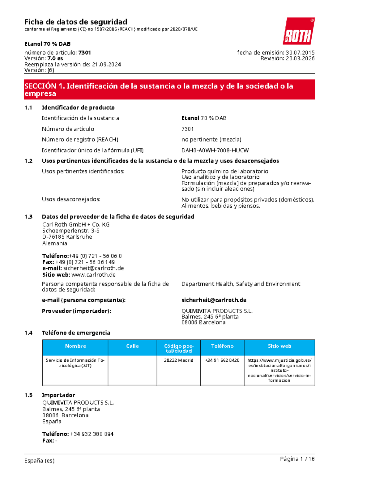 Ficha de Datos de Seguridad: Etanol 70 DAB (Artículo 7301) - Studocu