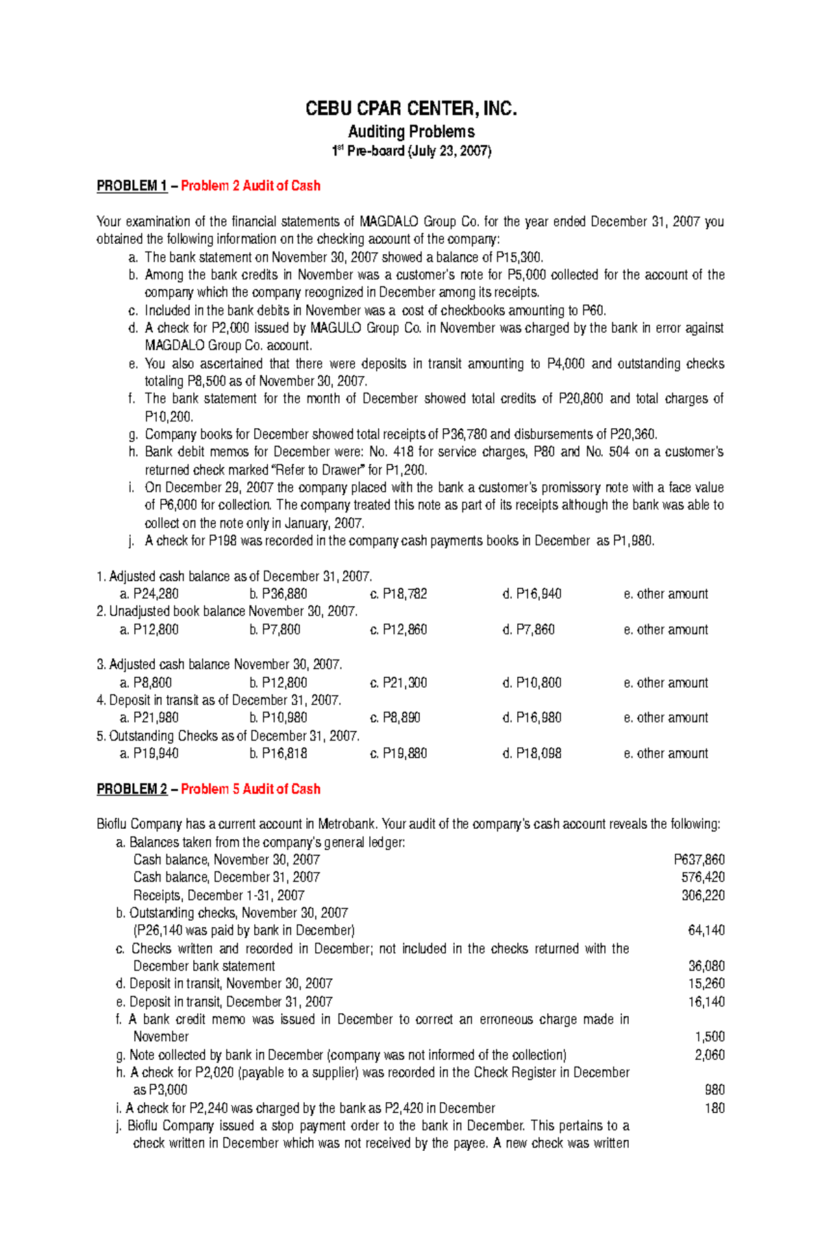 CEB-CPAR 2020 Auditing Problems: Exam Questions & Answers - Studocu