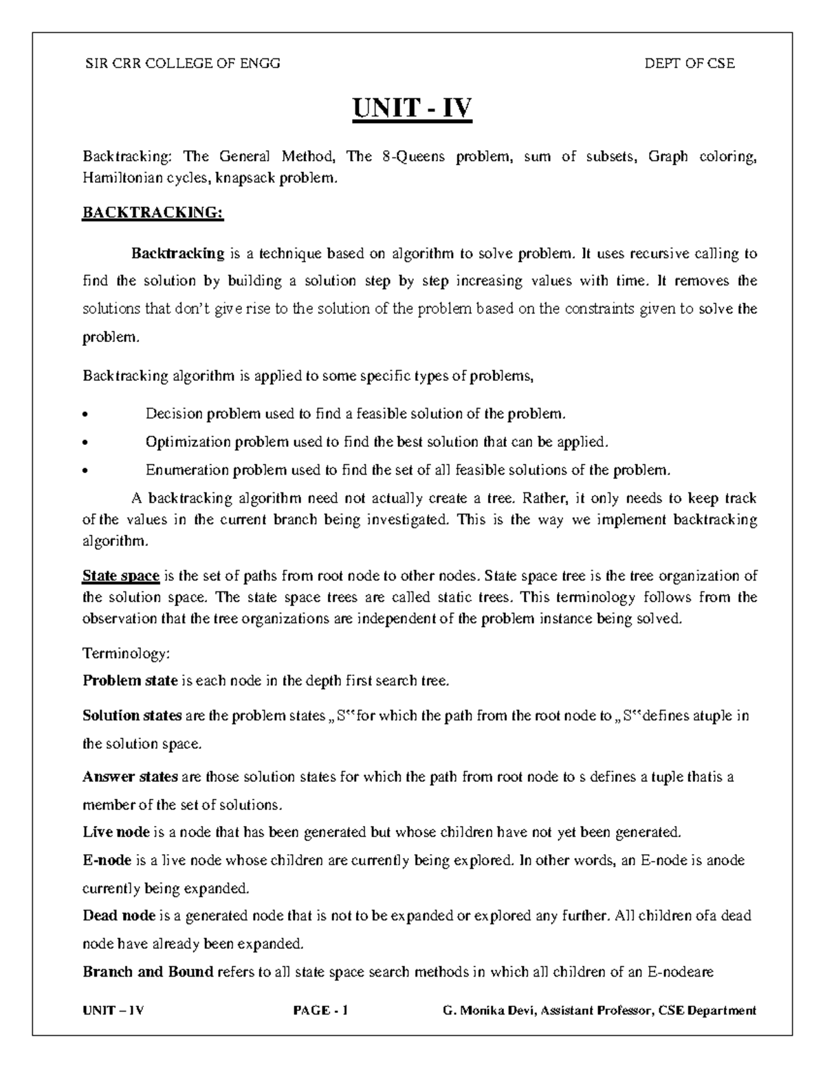 DAA UNIT-IV Backtracking Techniques: 8-Queens, Knapsack & More - Studocu