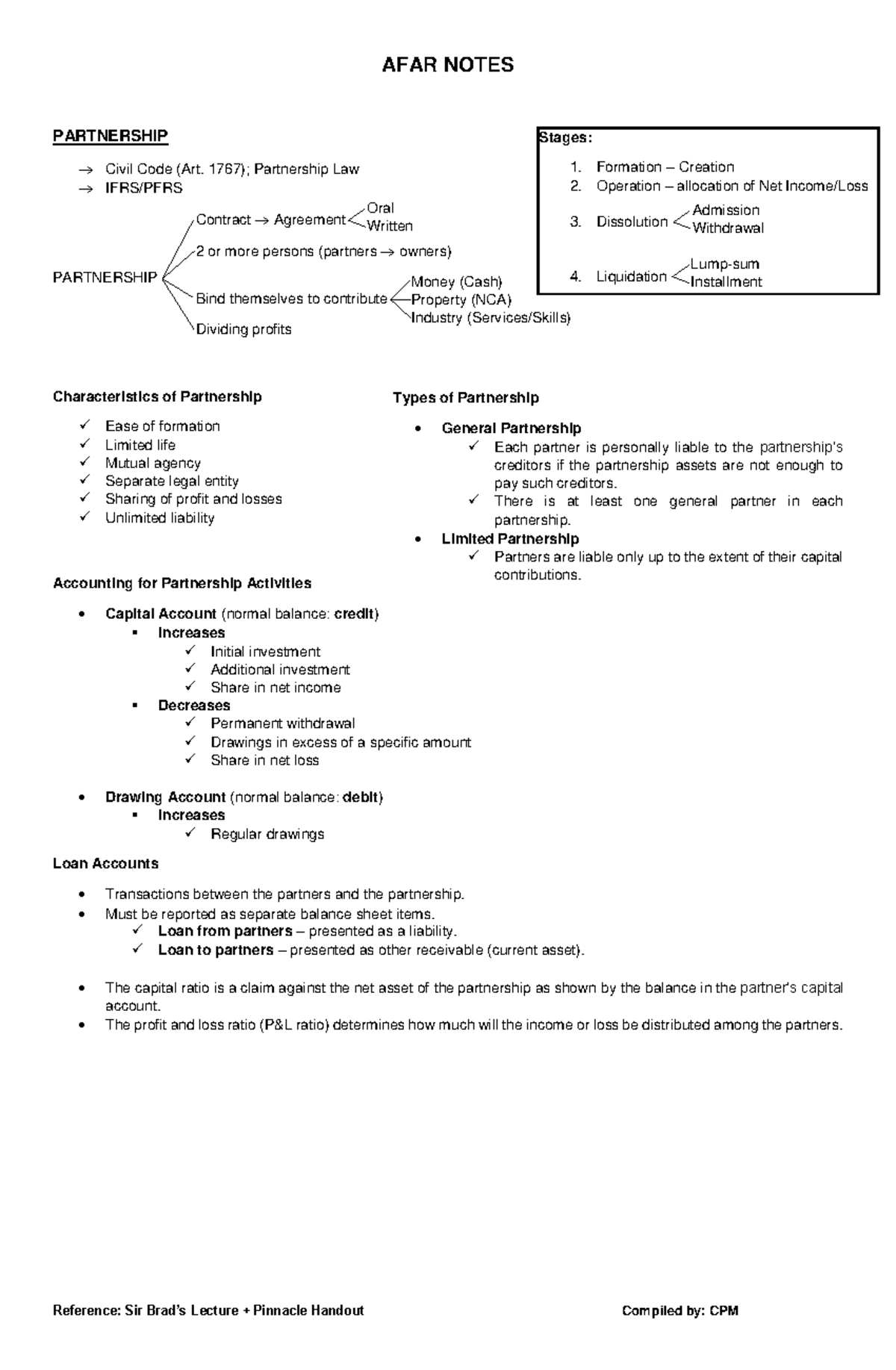 AFAR NOTES: Partnership Law & Accounting Stages Overview (CPM) - Studocu